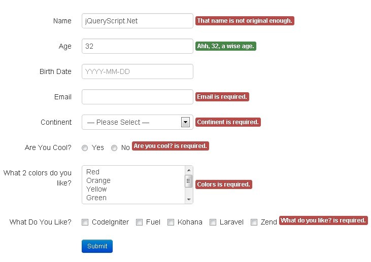 HTML5 Form Validation Plugin For JQuery Formvalidate Free JQuery 